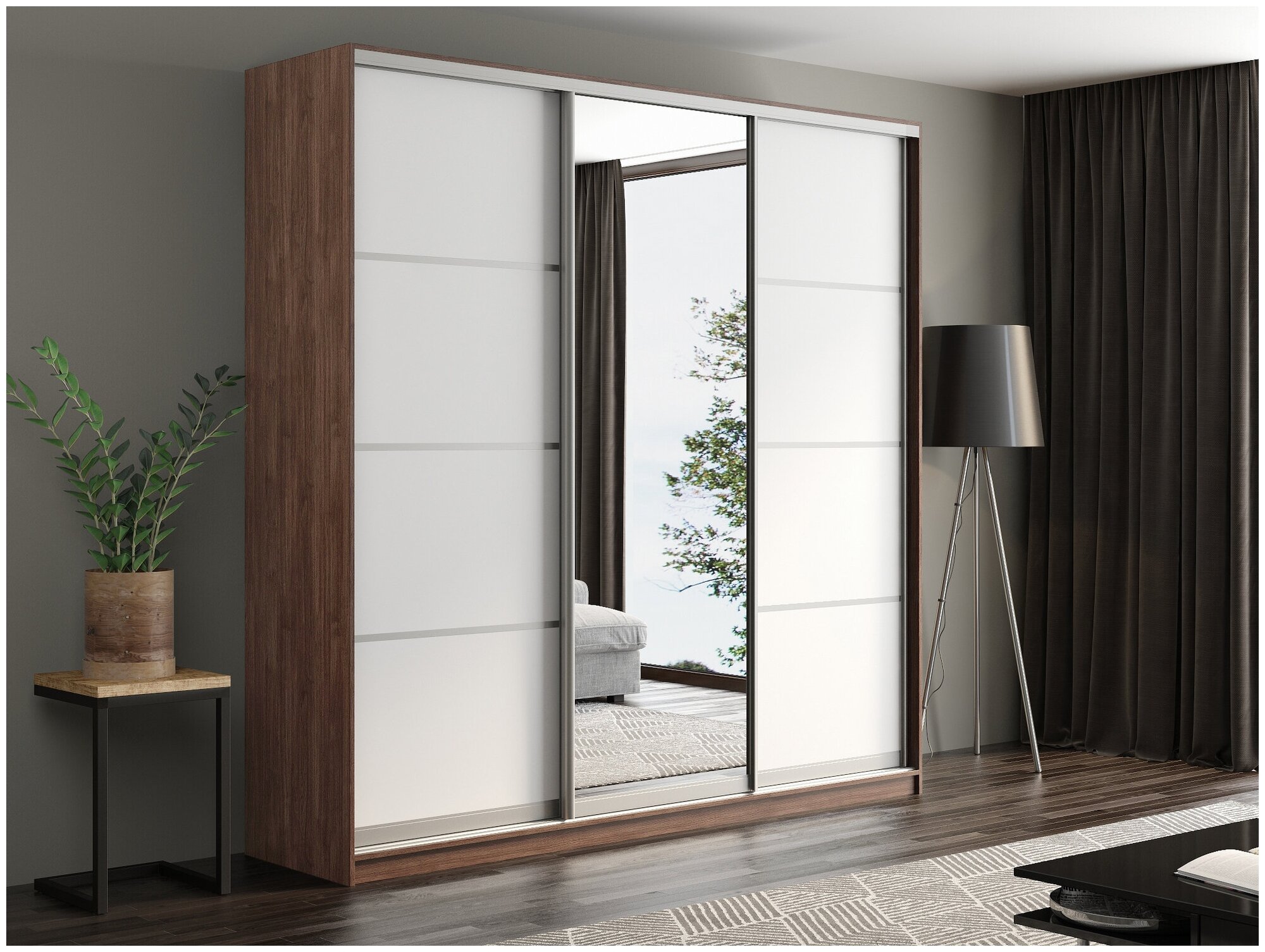 Шкаф-купе Матэрна шамони темный / белый / + зеркало, 240х58х240 см