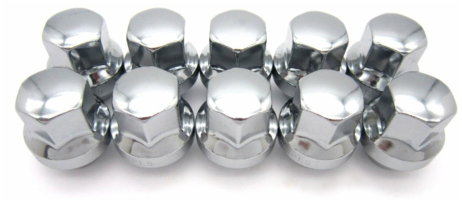 Гайки колесные М12х1,5 для а/м Форд, хром под ключ 19 мм увеличенный конус с выступом, высота 30 мм закрытые 10 шт.