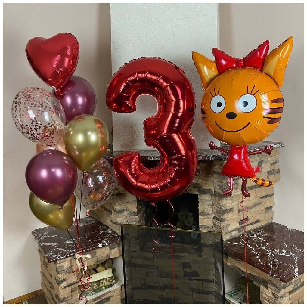 Шарики Три кота Карамелька с цифрой Фонтан из шаров Набор на День Рождения