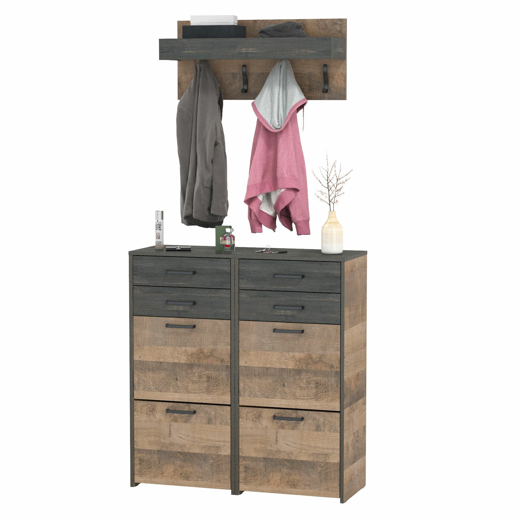 Две тумбы для обуви с ящиками и вешалкой для верхней одежды Трувор, цвет дуб гранж песочный/интра, ШхГхВ 100х37х195 см.
