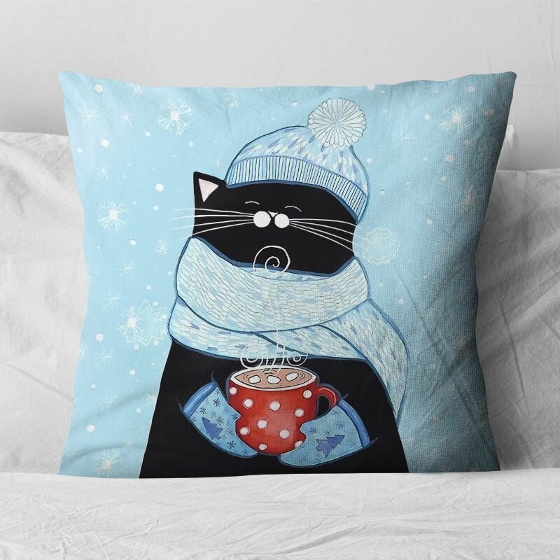 Чехол для подушки Кот Марсик голубой шарфик велюр 40х40