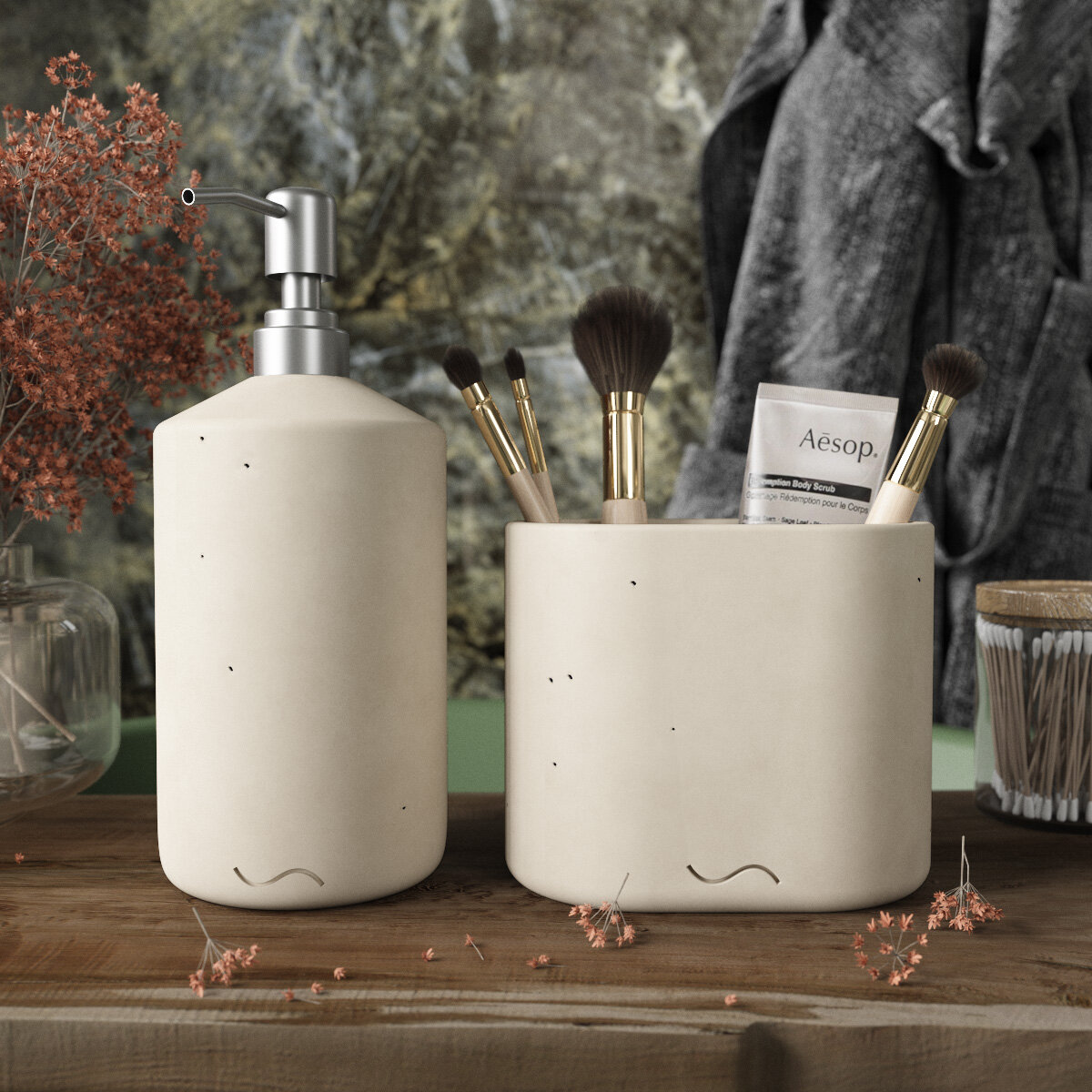 Набор для ванной Astrid 18 (дозатор для жидкого мыла 0,4 л, двойной стакан для зубных щёток) бетон, кремовый матовый