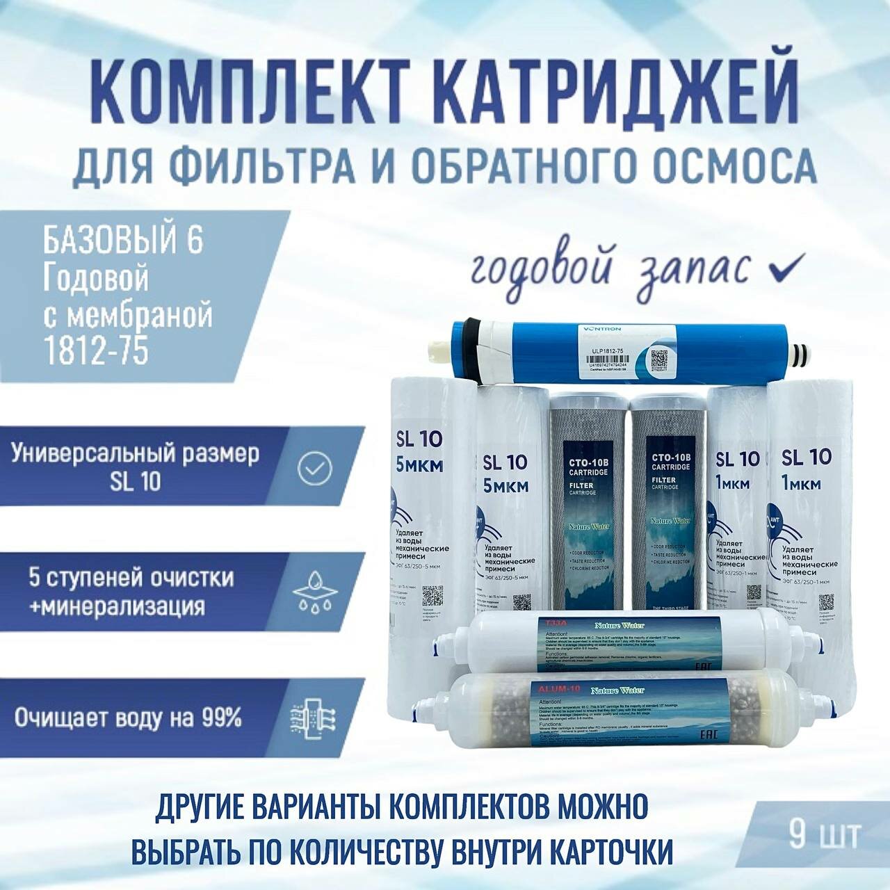 Сменные фильтры, комплект картриджей NatureWater "Базовый 6 годовой" с мембраной 1812-75, совместимы со всеми системами
