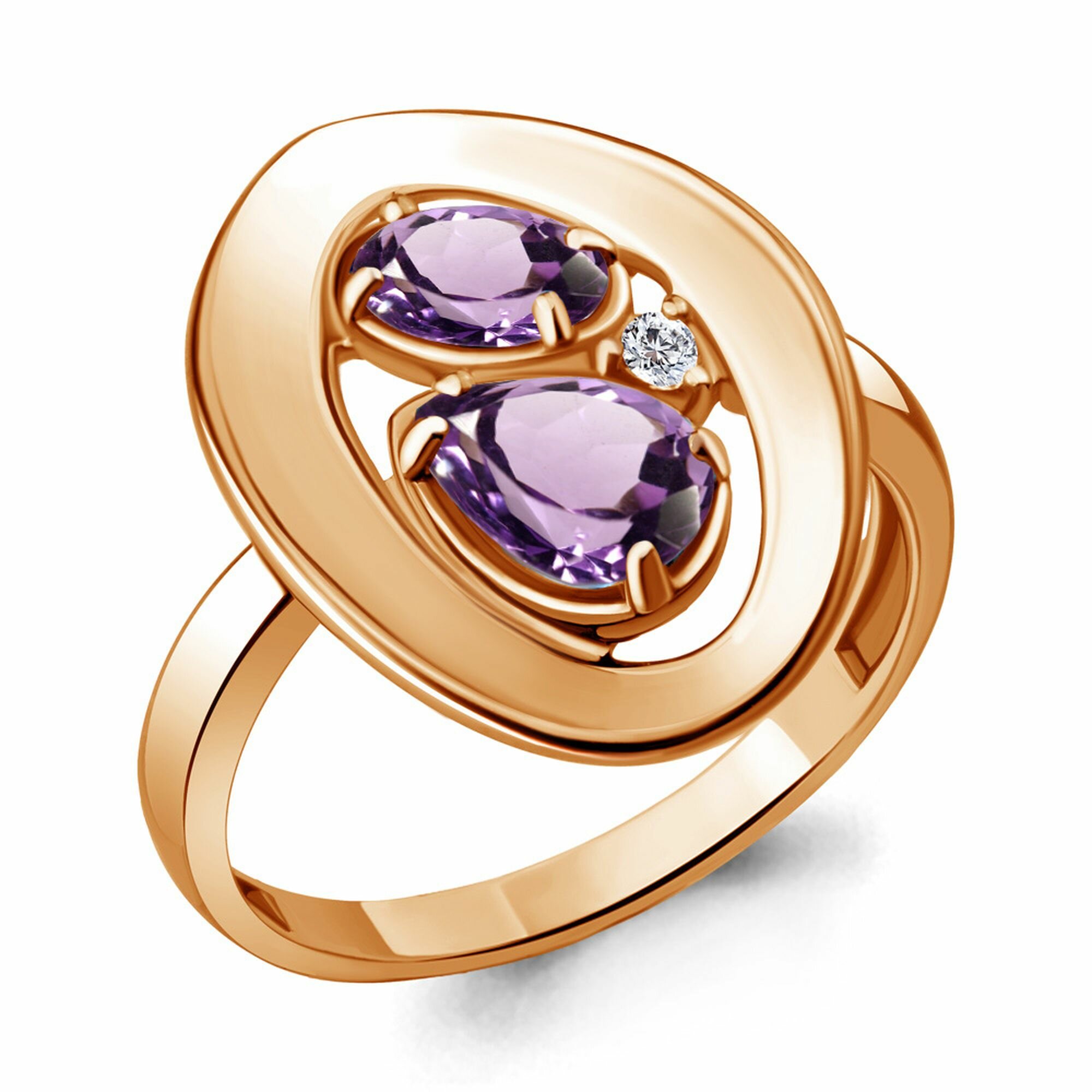 Кольцо, серебро, 925 проба, золочение, фианит, аметист