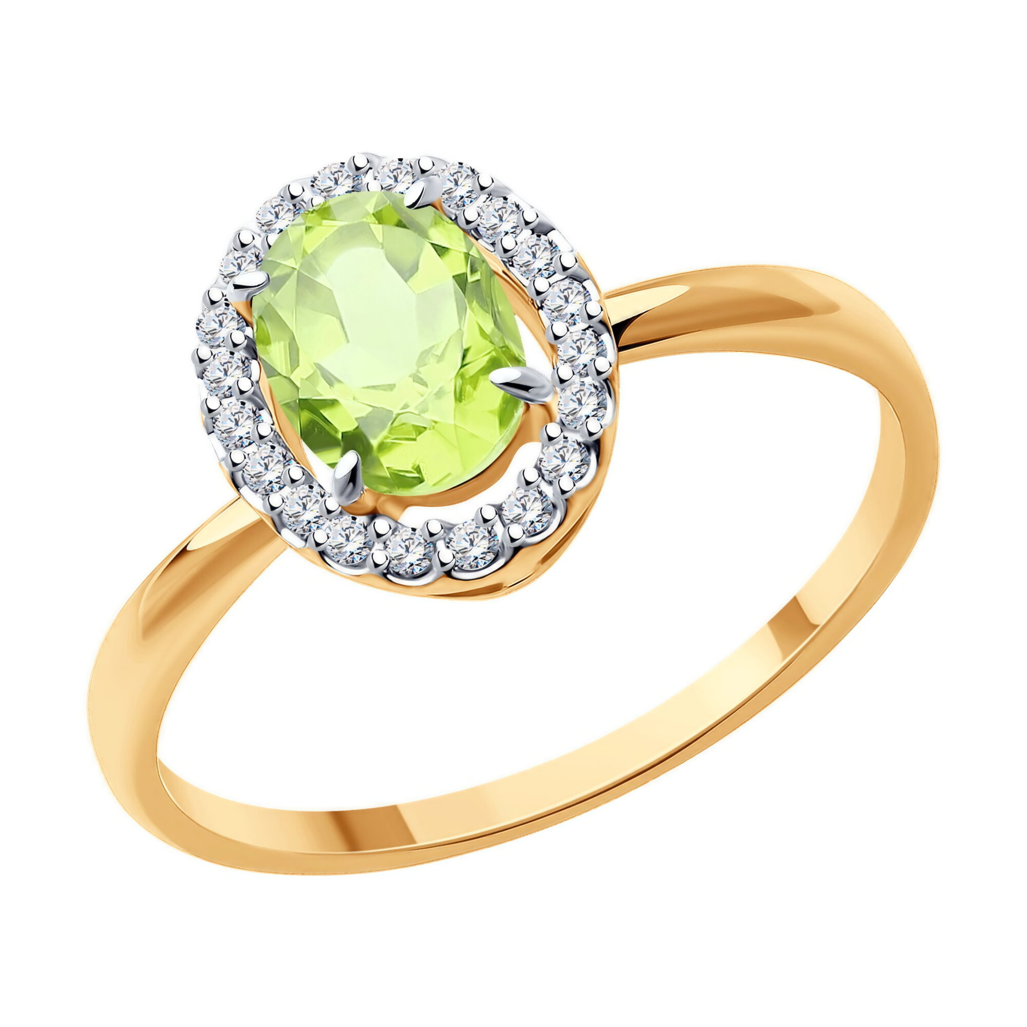 Кольцо, красное золото, 585 проба, хризолит, фианит