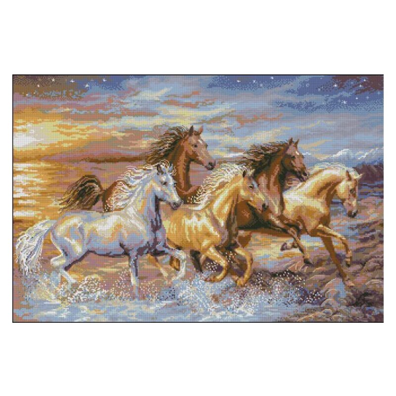 Набор для вышивки крестом "Лошадь Пять лошадей Река в звездной ночи" 14CT unprint canvas