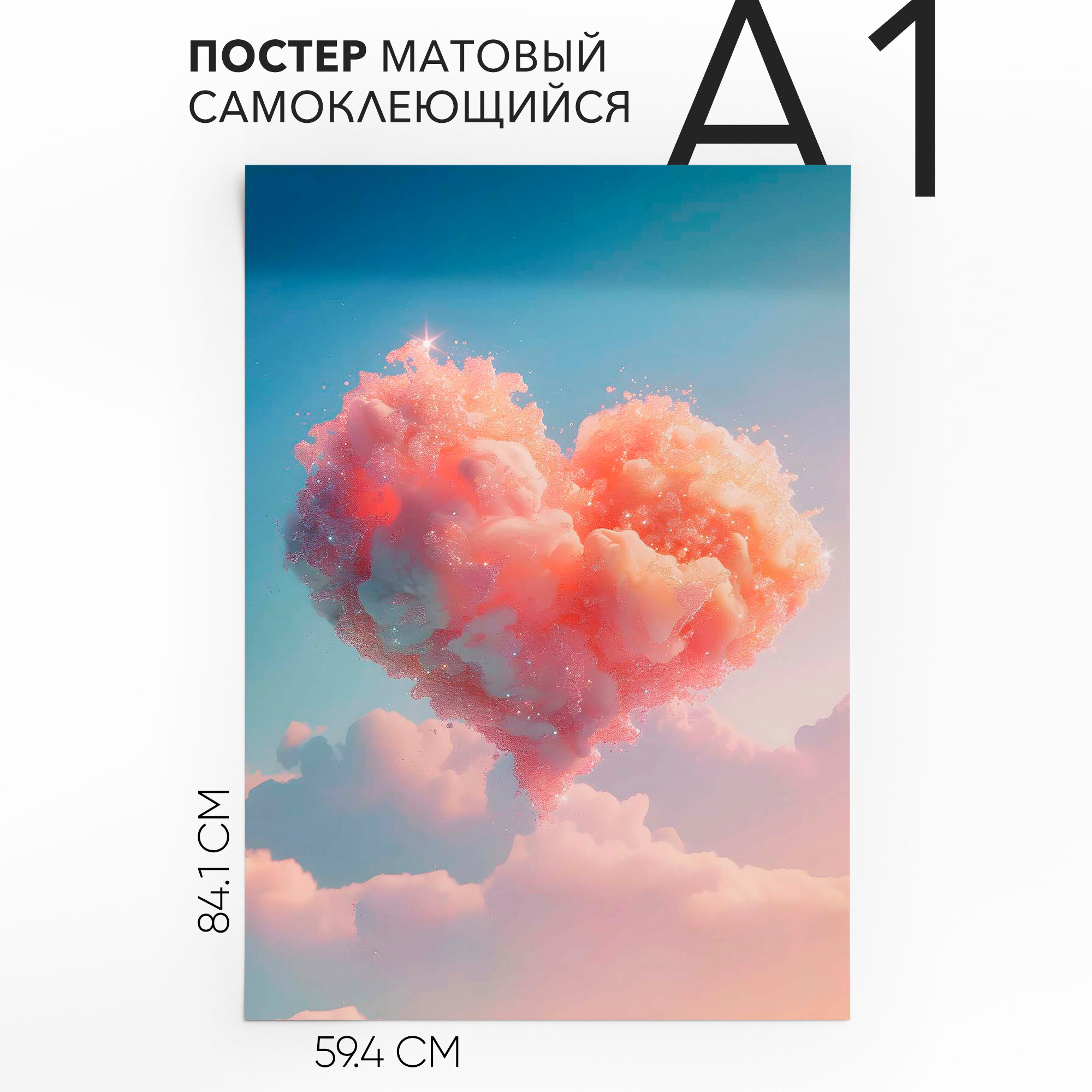 Постеры эстетичные самоклеящийся, большой A1 Сердце из облаков, влагостойкий, для декора