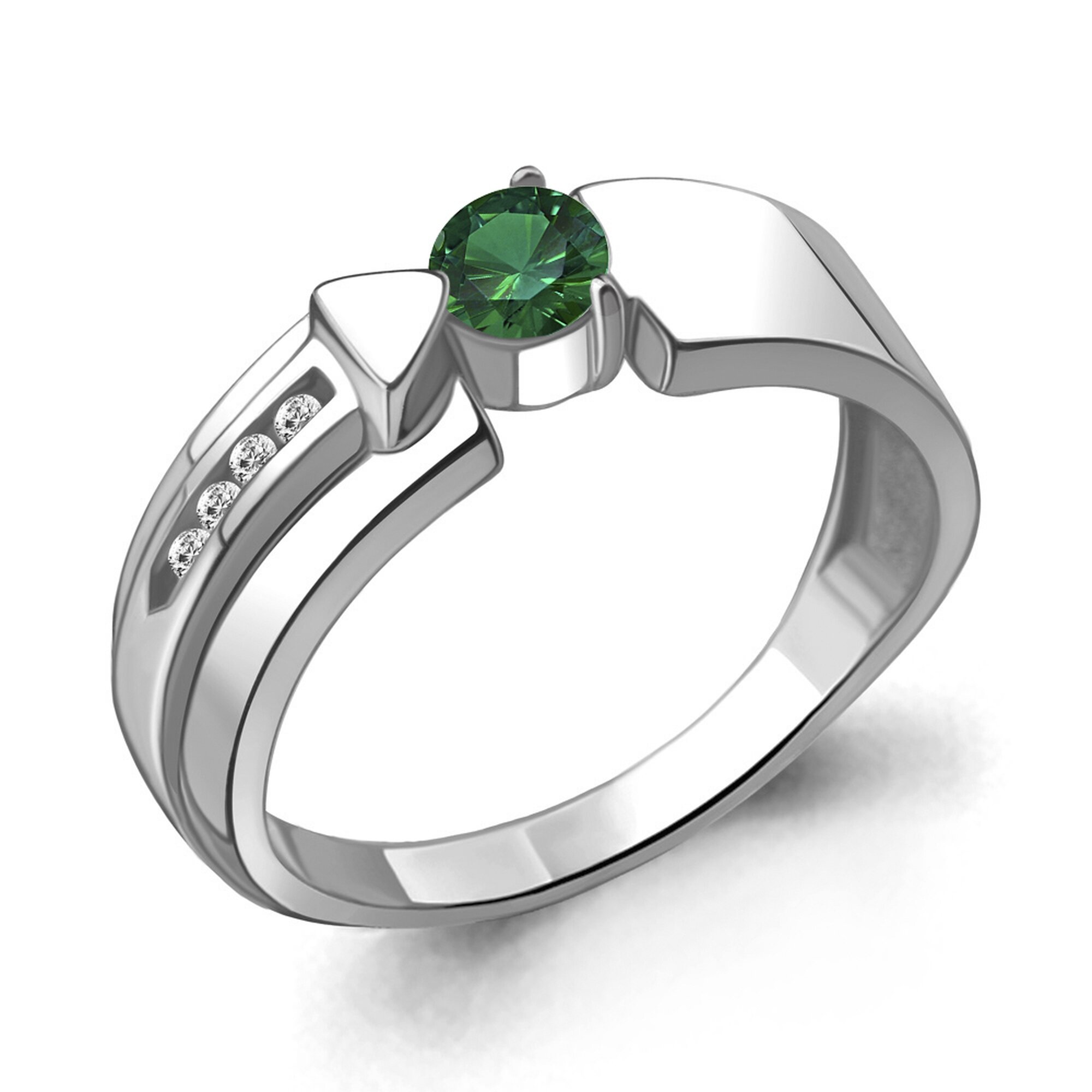 Кольцо, серебро, 925 проба, родирование, фианит, изумруд синтетический