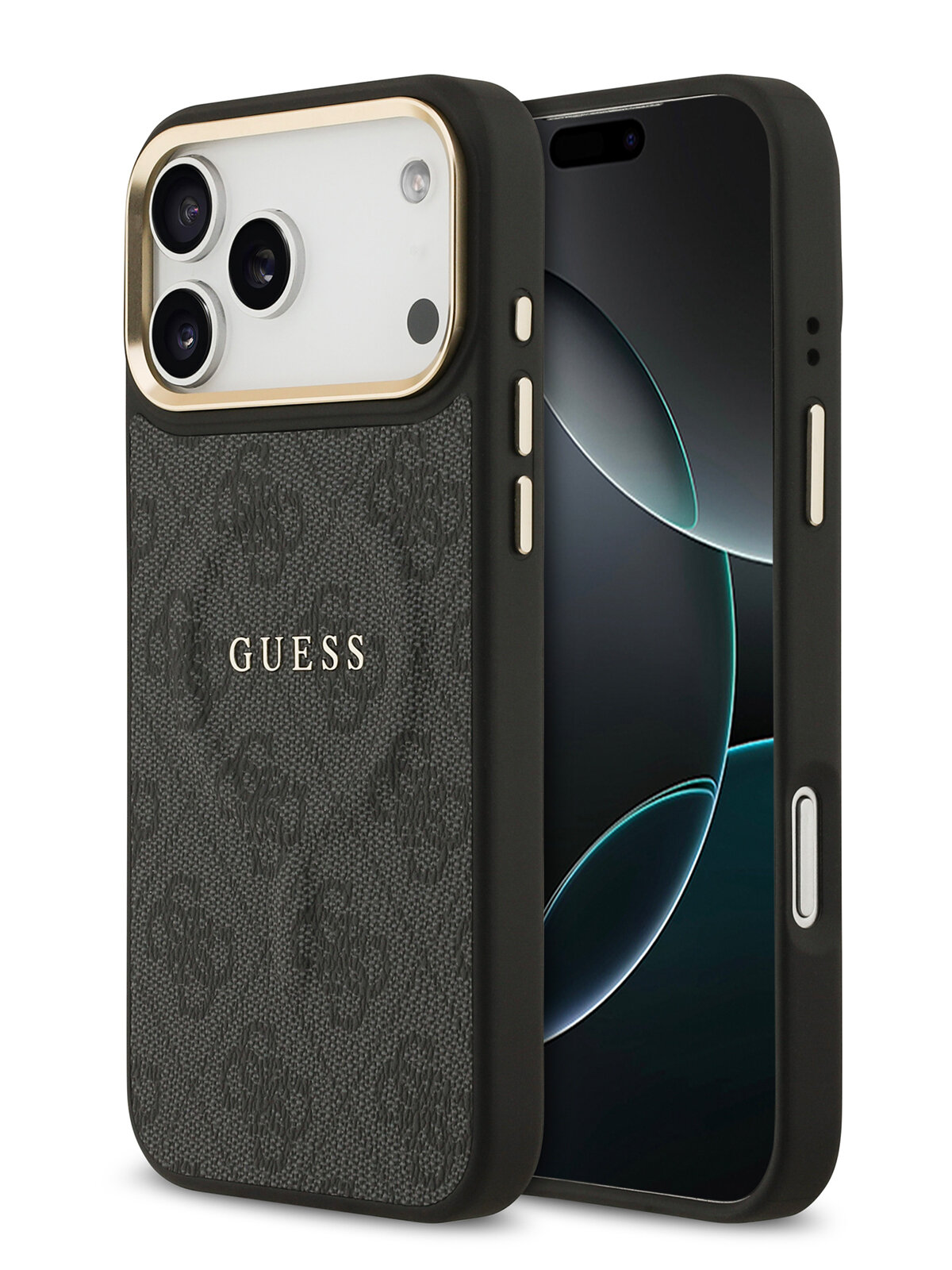 Чехол Guess на iPhone 17 Pro, с магнитами MagSafe, из экокожи 4G, с рамкой и кнопками из металла, черный