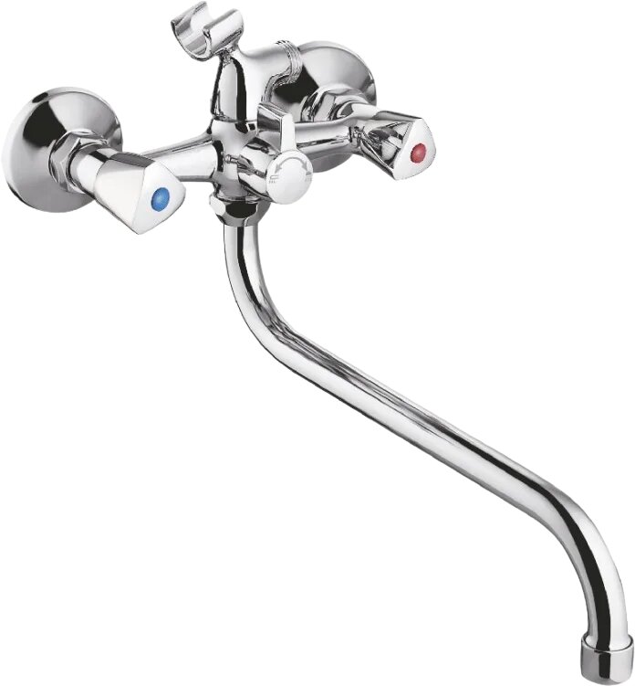 Смеситель с длинным изливом для ванны Cron CN11 CN2211-2 с душевым гарнитуром, поворотный, металлический, хром, глянцевый, смеситель для ванны с душем, вентильный