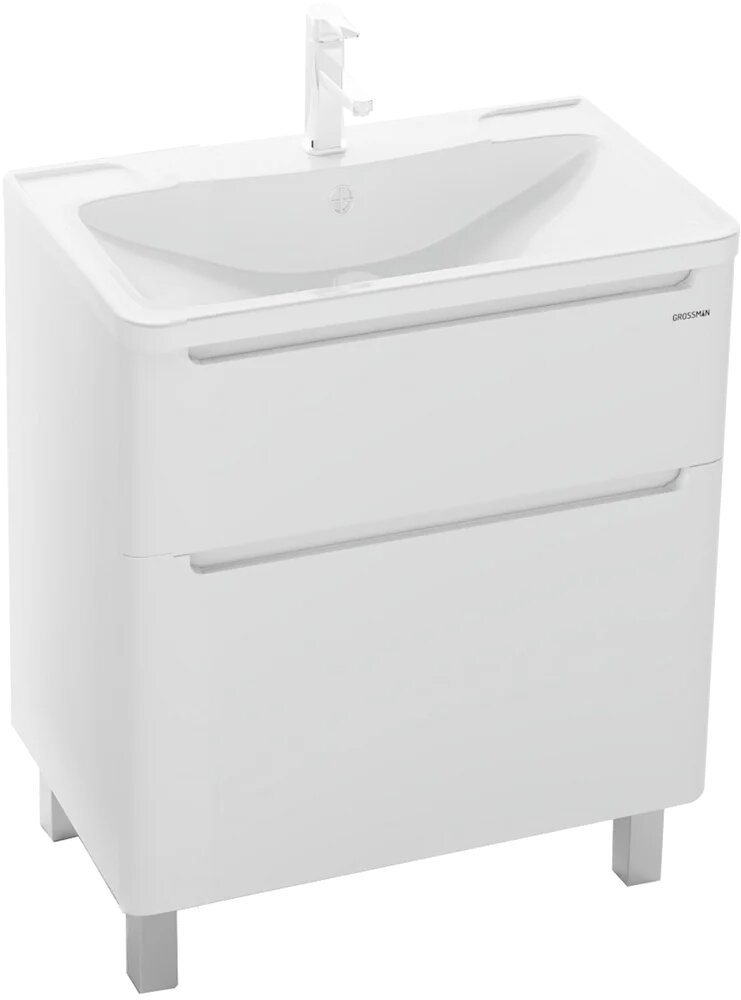 Тумба с раковиной Grossman Адель 70 напольная, 70 см, белая, глянцевая, из МДФ, с ящиками, раковина для ванной, из искусственного мрамора, прямоугольная