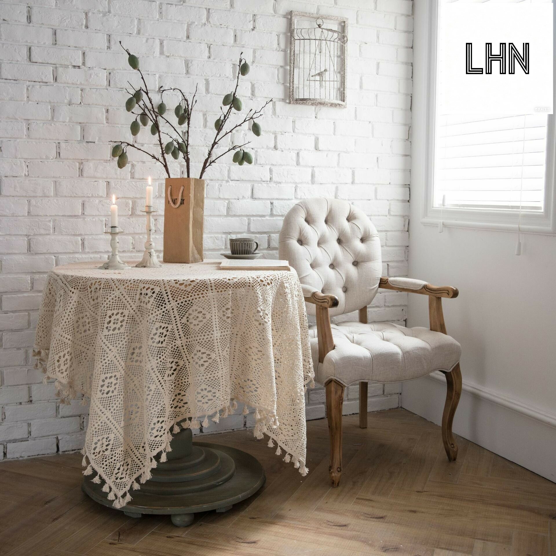 Скатерть, вязаная, бежевая, 140x140 см