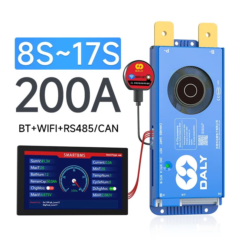 Daly Smart 4S/12V/8S/24V/16S 48V 40A-500A LiFePo4 BMS для литиевой батареи 8-17S 200ABMS 4.3LCD