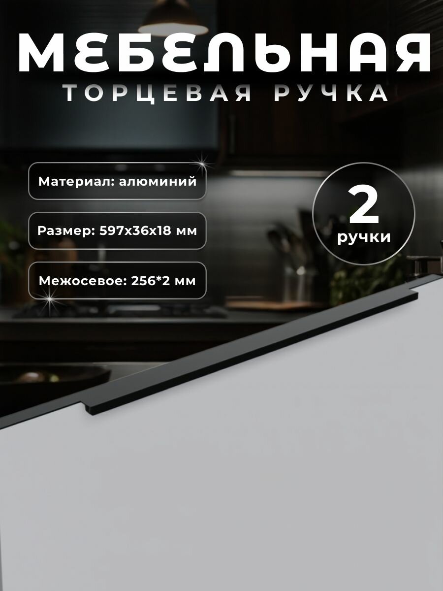 Ручка торцевая мебельная Boyard RT109BL600 черная, (комплект 2 шт.), ручка для шкафов и комодов, для кухонного гарнитура, для мебели