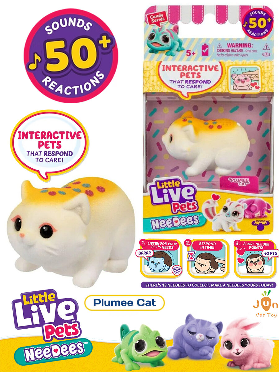 Интерактивная игрушка Moose Little Live Pets NeeDees Plumee Cat Toy / Детские интерактивные электронные плюшевые питомцы с более чем 50 видами звуков и реакций, подходящие для детей старше 5 лет