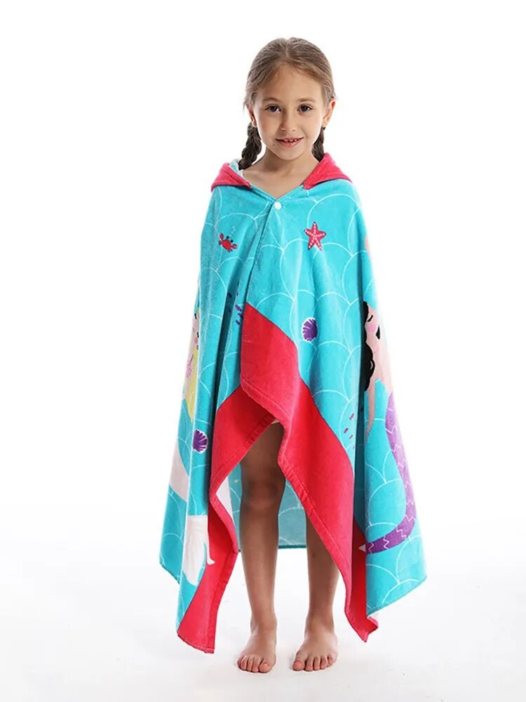 Детское полотенце-пончо для плавания и пляжа с капюшоном, лазурный, 100% хлопок, размер 100х120