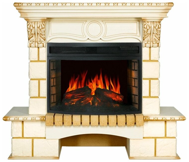 Royal Flame Каминокомплект Pierre Luxe угловой - Шампань / Слоновая кость с патиной с очагом Dioramic 25 LED FX