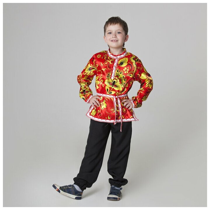 Карнавальная русская рубаха "Хохлома", атлас, р. 28, рост 98-104 см, цвет красный