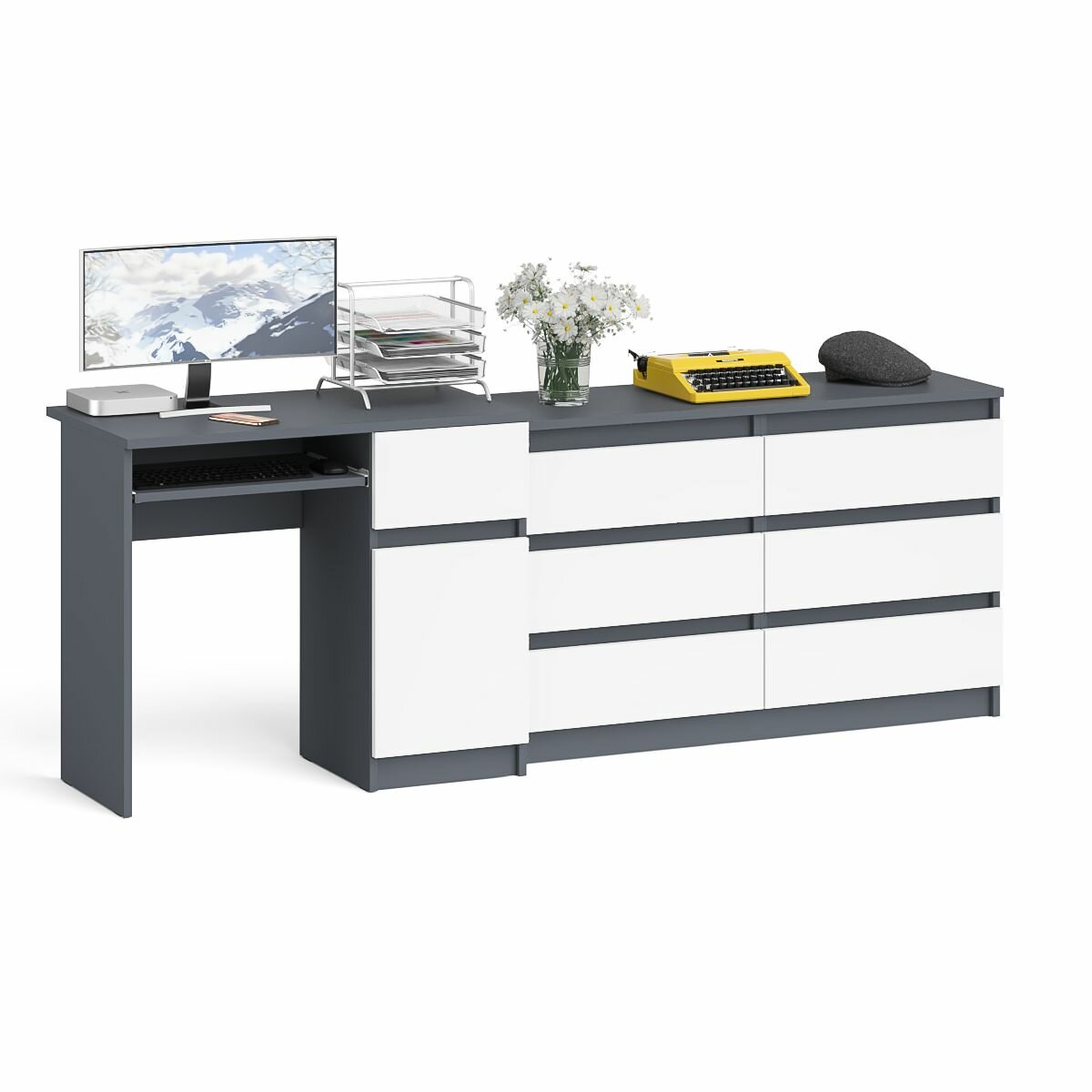 Компьютерный стол СВК Мори МС-1 с дверкой и ящиком справа и комодом цвет графит/белый, 210,4х50х76,6 см.