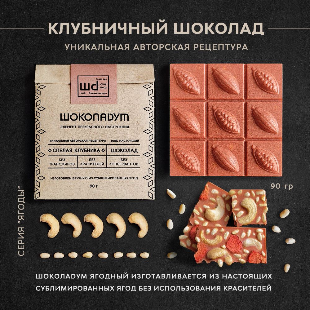 Шоколад из сублимированной клубники с кешью и фундуком, 90 гр