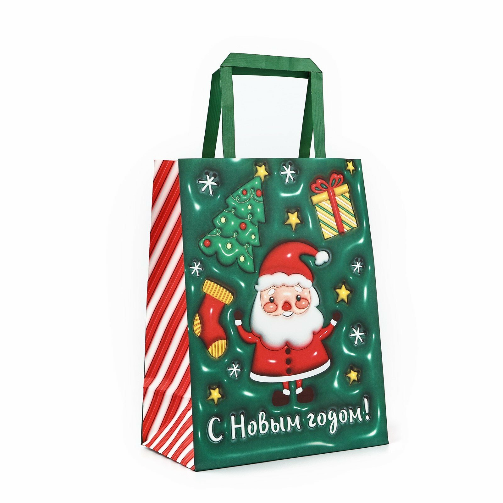 Подарочный пакет новогодний зеленый «Дед Мороз», 20 х 11 х 27.7 см, для упаковки подарка на Новый год.