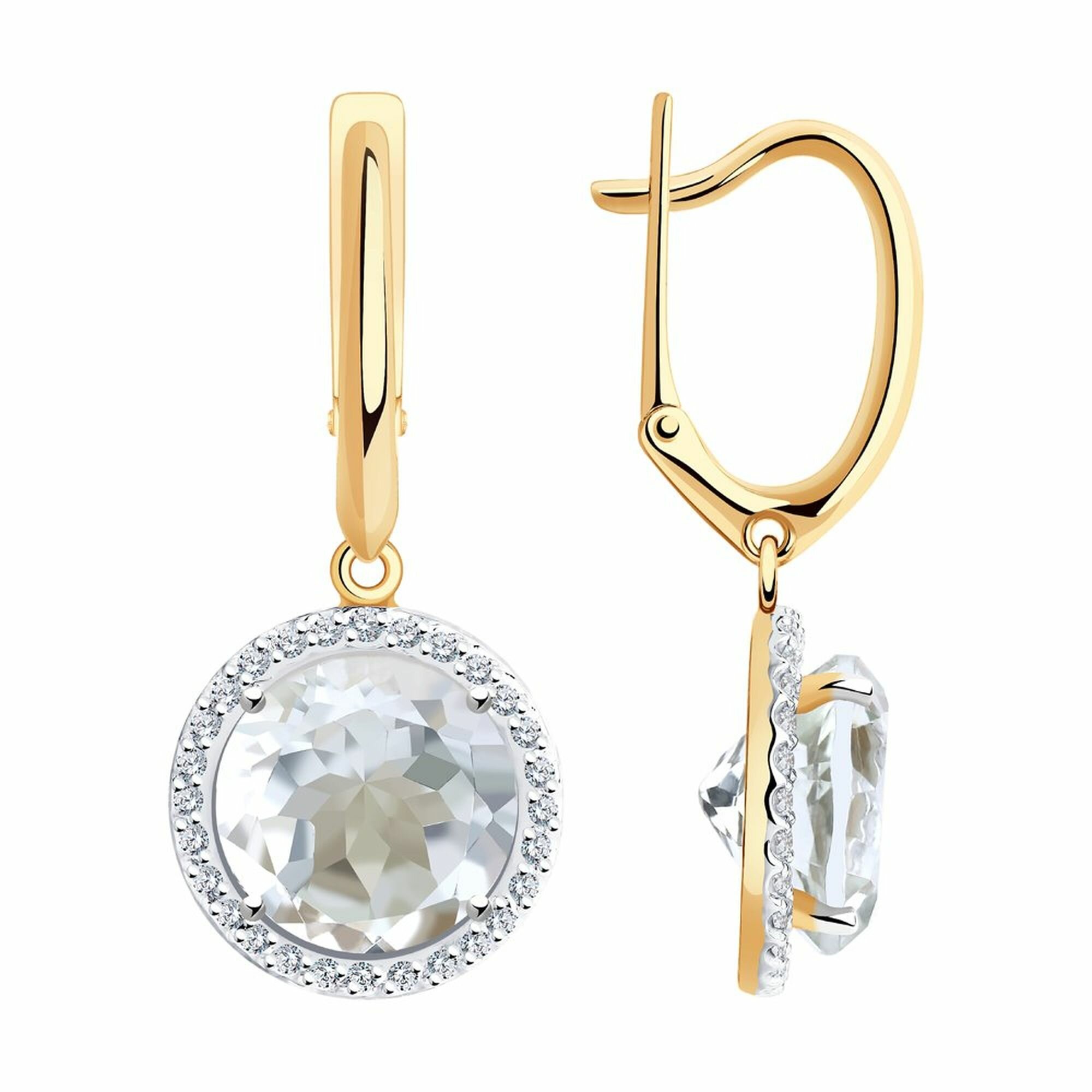 Серьги, красное золото, 585 проба, фианит, горный хрусталь