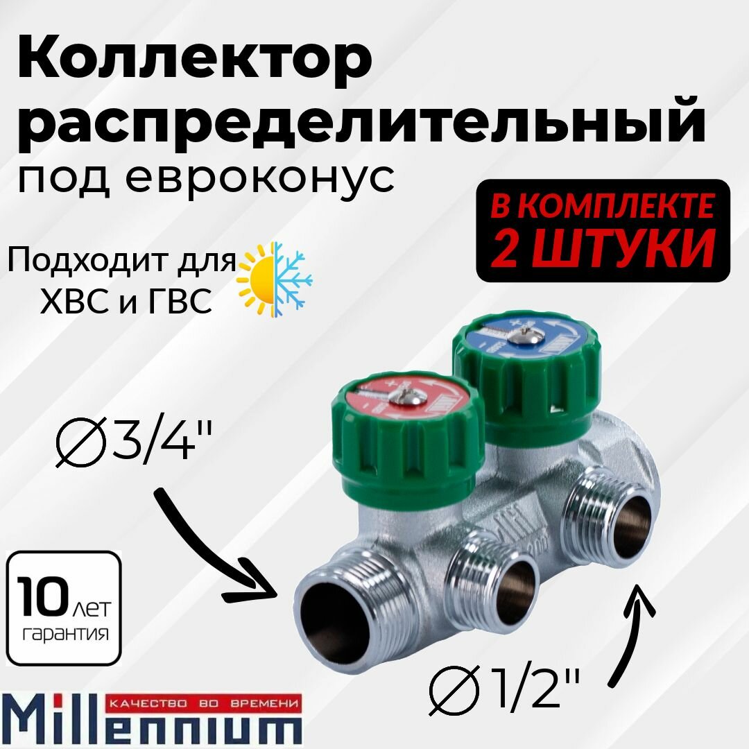 Коллектор регулирующий проходной 3/4" ВР с 2 отводами на 1/2" НР евроконус 2 штуки