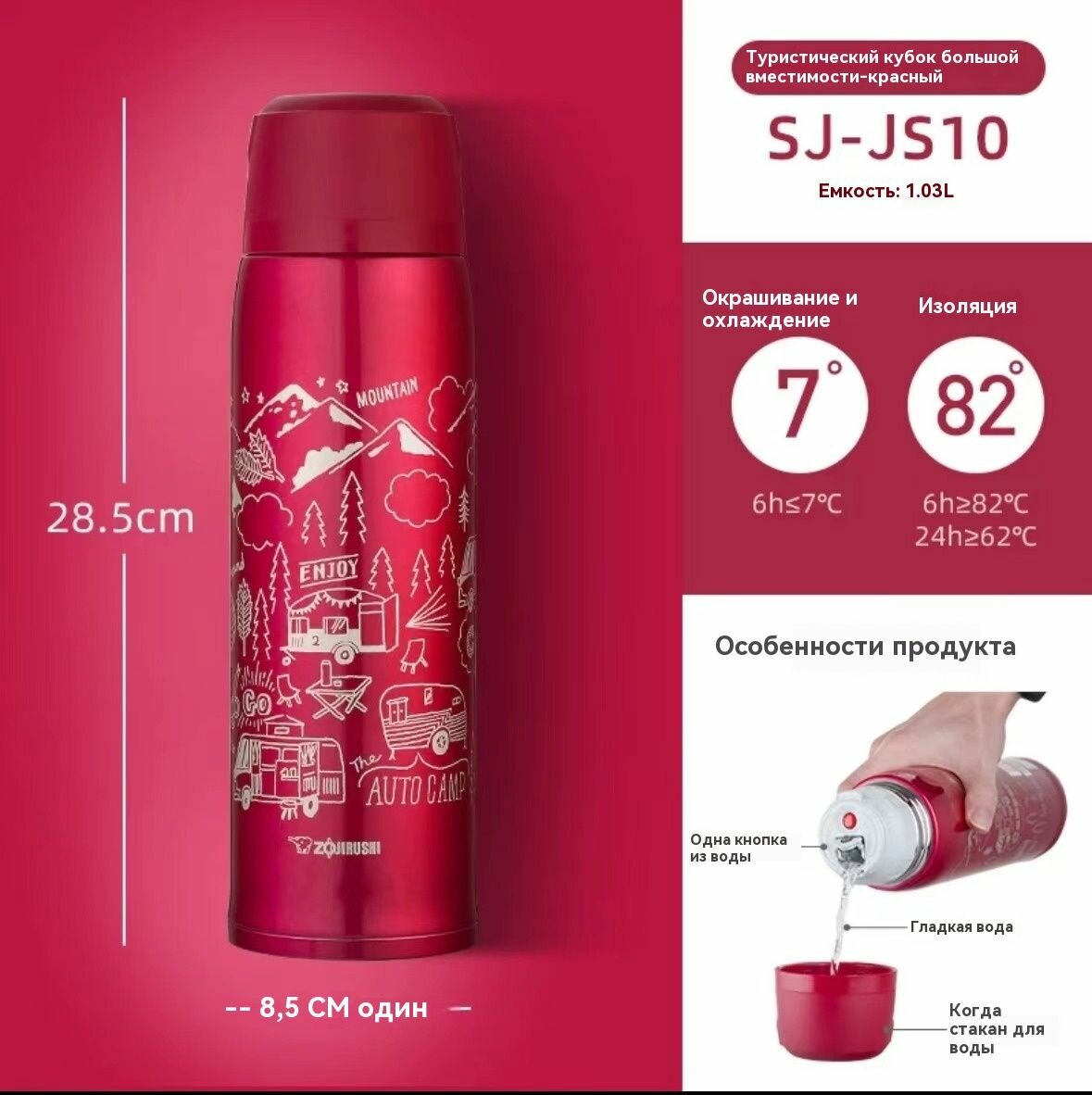 Термос с вакуумной изоляцией для чая и кофе, компактный и легкий, с защитной сумкой, розовый сохраняет тепло до 12 часов