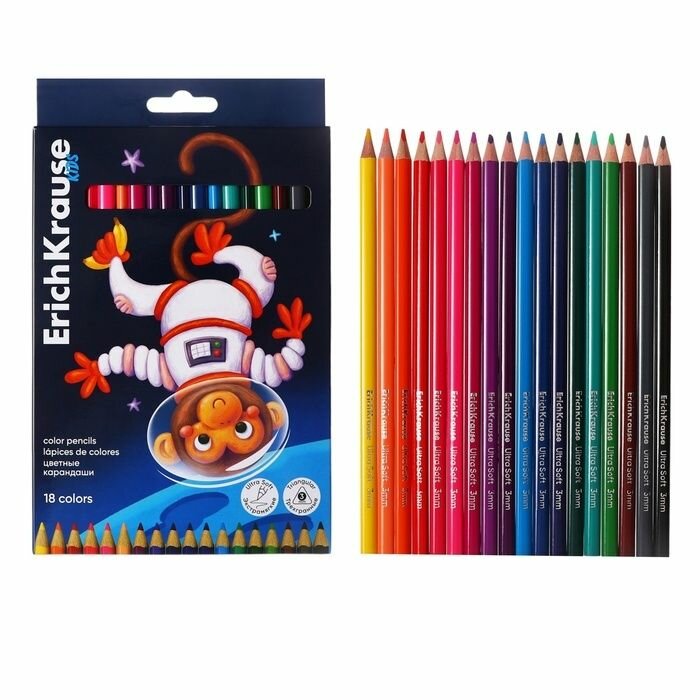 Цветные карандаши Erich Krause 18 цветов, Kids Space Animals, трехгранные, деревянные (61787)