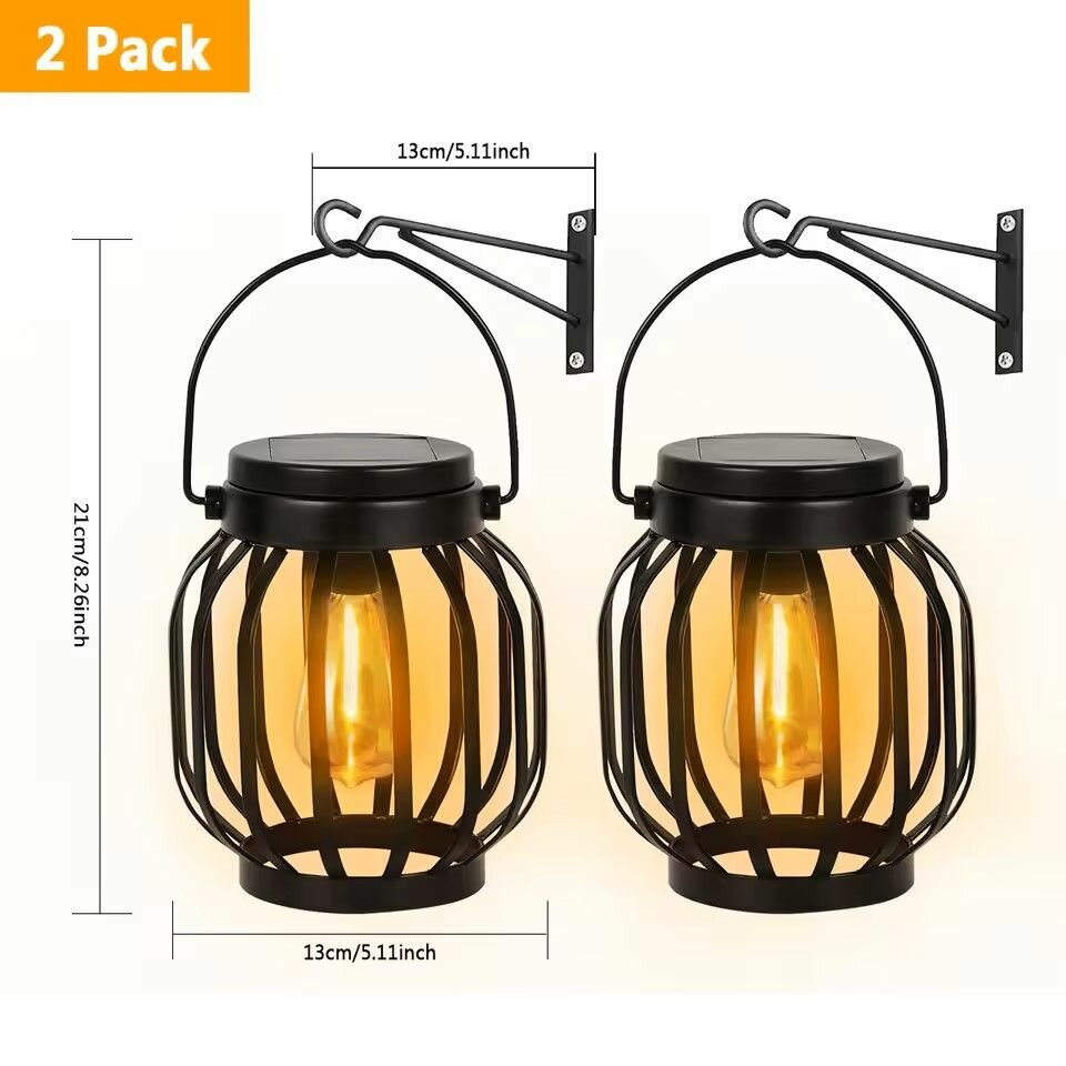 2 шт. Наружные подвесные солнечные ретро металлические фонари, Водонепроницаемый светодиодная лампа Эдисона, Настенное ночное освещение с питанием от солнечной батареи для оформления детской комнаты