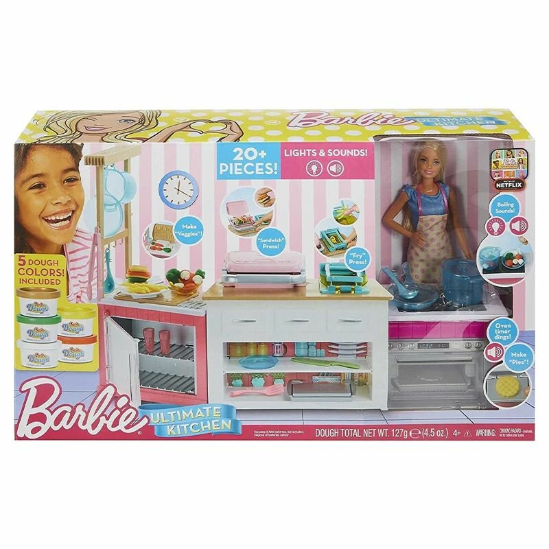 Barbie Ultimate Kitchen / Игровой набор Barbie Ultimate Kitchen "Готовим и выпекаем" с куклой, светом и звуком, формочками, глиной 5 цветов и более чем 20 аксессуарами
