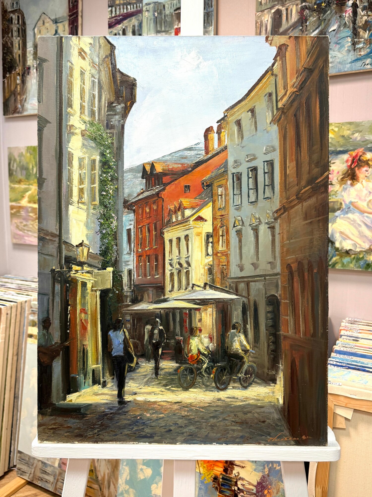 Картина маслом Прага, Велосипеды 50х70 см. Художественная мастерская Грёзы.