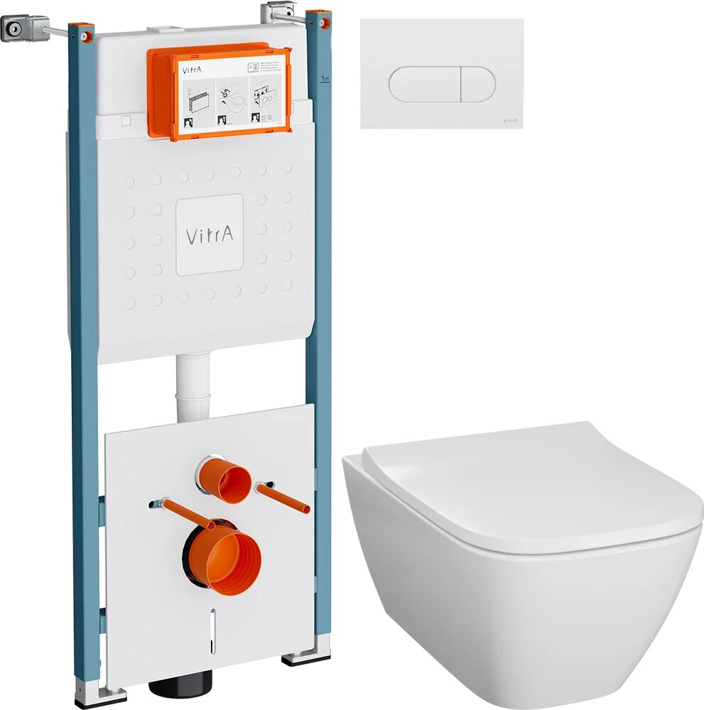 Комплект 3 в 1 Унитаз подвесной Geberit Smyle Square 500.683.01.1 / Инсталляция VitrA V-Fix Core 732-5800-01PV / Кнопка Root Round 740-2200 цвет глянцевый белый