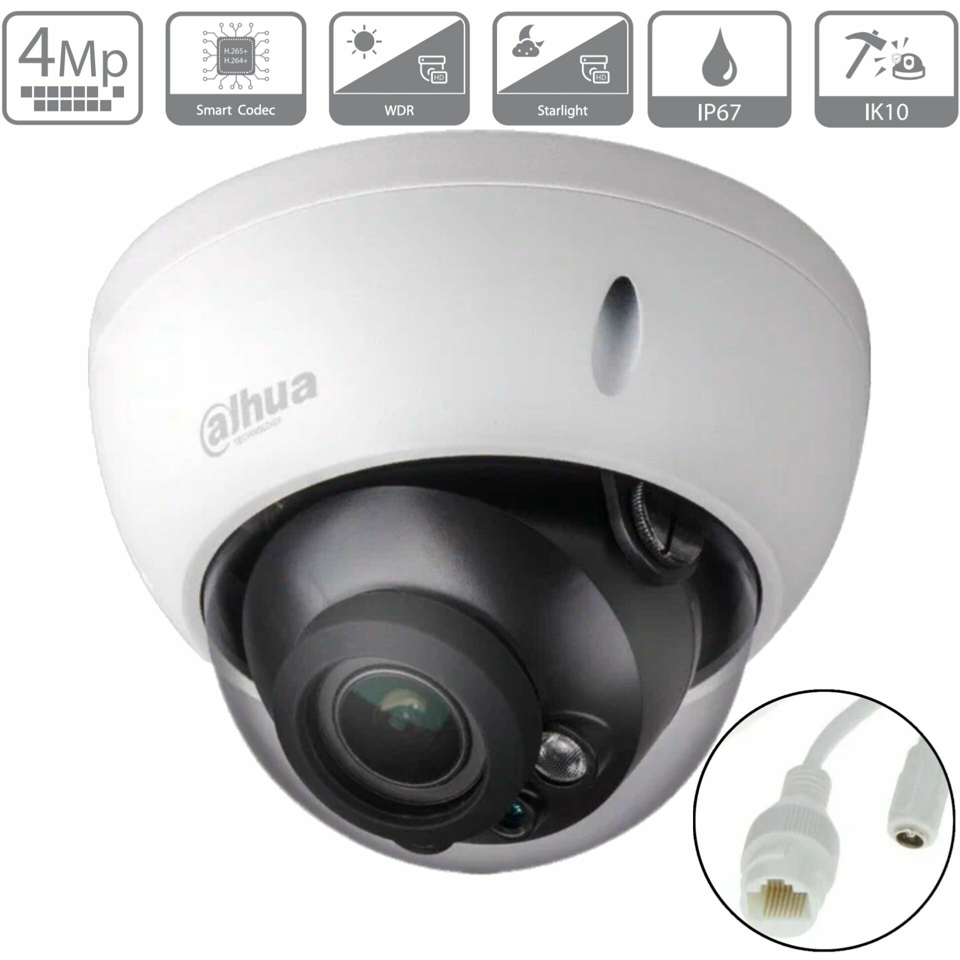 Dahua DH-IPC-HDBW1431RP-ZS-S4 4Мп 2,8-12 мм камера видеонаблюдения IP внутренняя и уличная, цифровая купольная антивандальная IP-видеокамера для улицы и помещений с ИК-подсветкой, 2688x1520