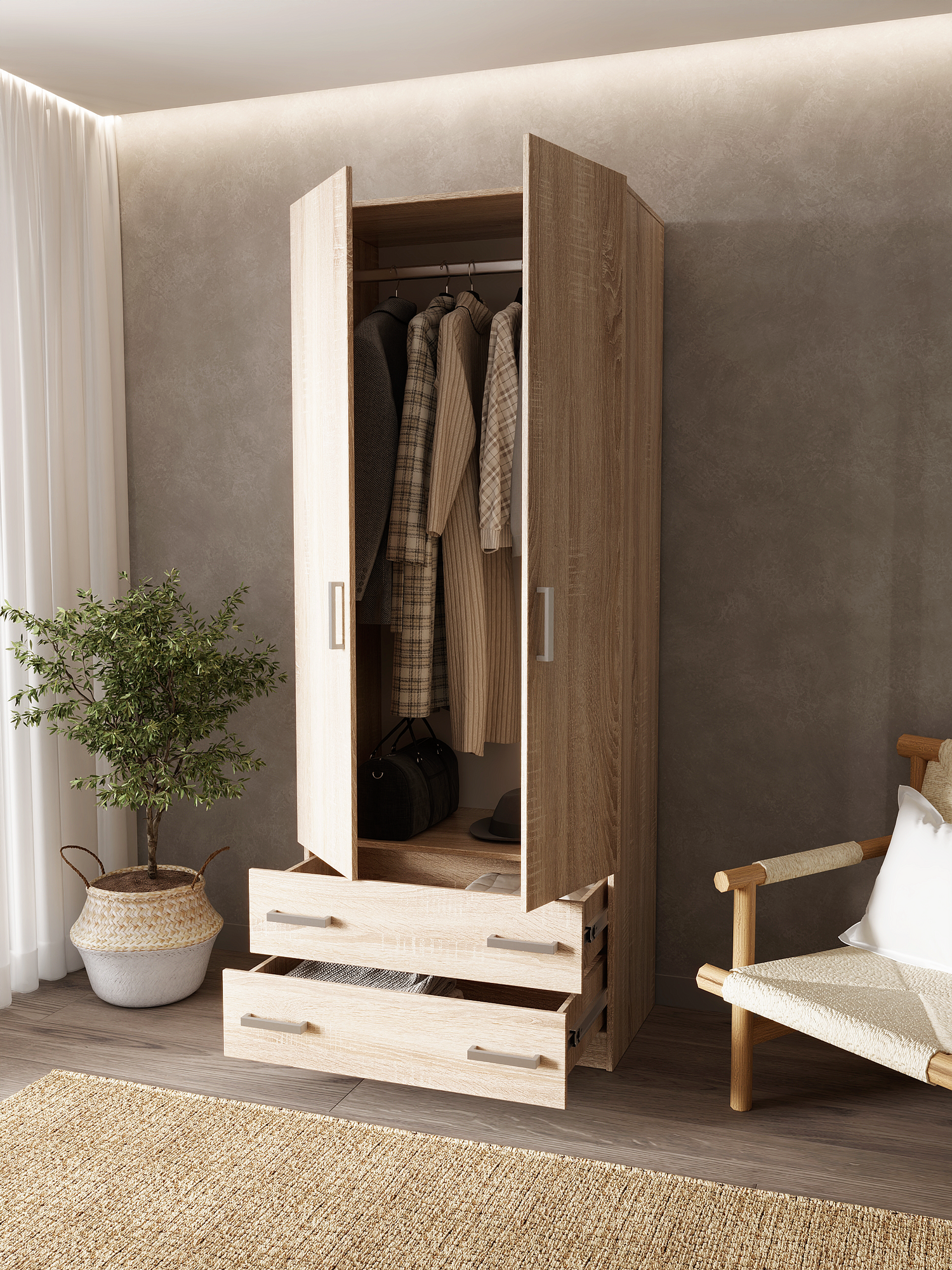 Шкаф A-A MEBEL для одежды РИК двухдверный распашной платяной с ящиками и штангой 80х48х204 см дуб сонома