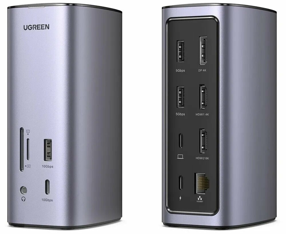 USB-концентратор Ugreen CM555 90325 13 в 1 (HUB) USB A x2, 3.1, DP 4K, HDMI x2, Type-C (PD 100В), 3.5 mm Audio, RJ45, SD/TF
