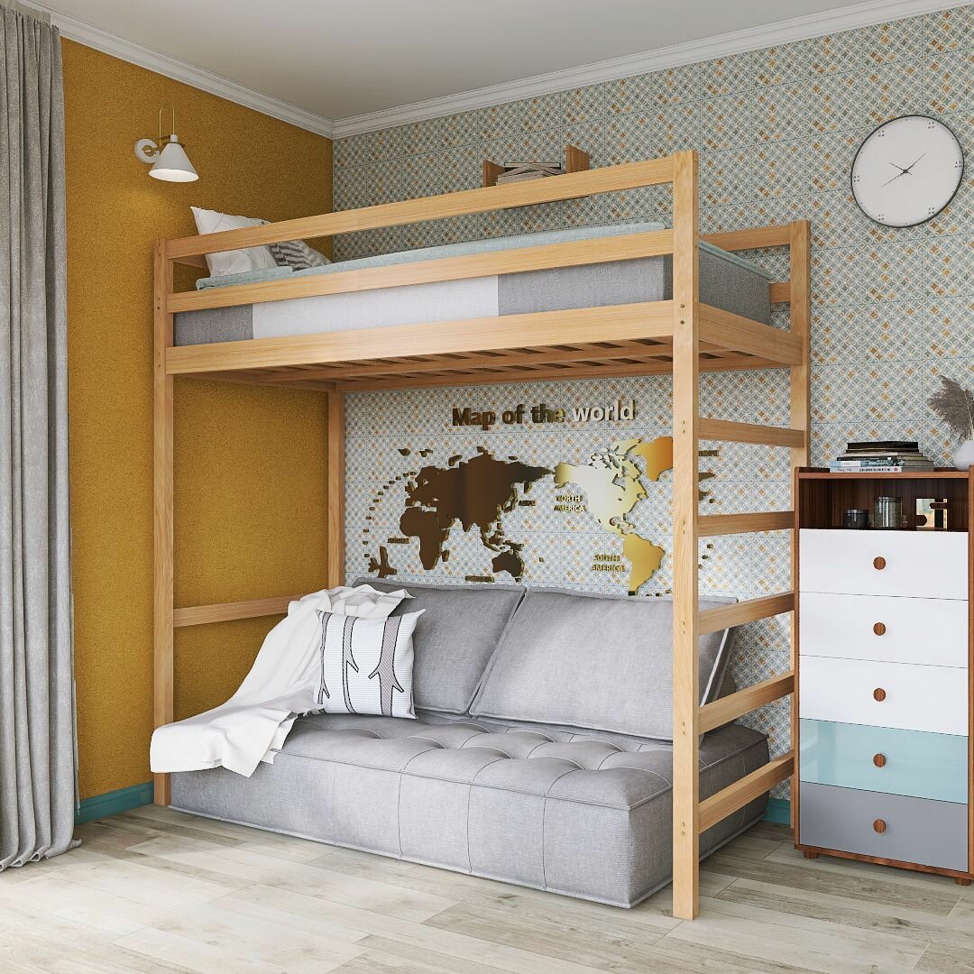 Большая кровать-чердак для взрослых под матрас 90х200см с увеличенным по высоте бортиком