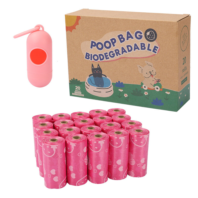 Биоразлагаемые пакеты для уборки за животными со вкусом клубники, утолщенные и прочные пакеты для мусора, диспенсер для