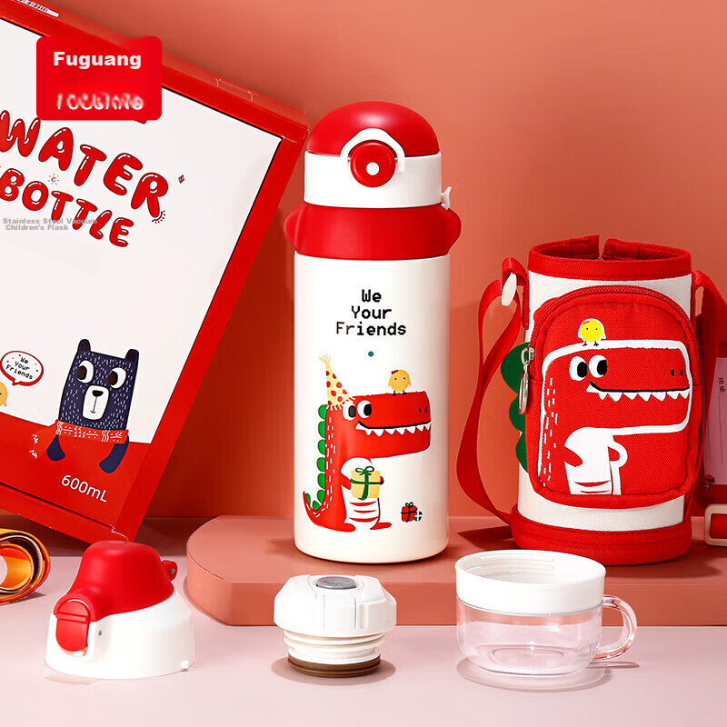 Детский термос Fuguang, 316 нержавеющая сталь, с трубочкой, 600ml, red/dinosaur