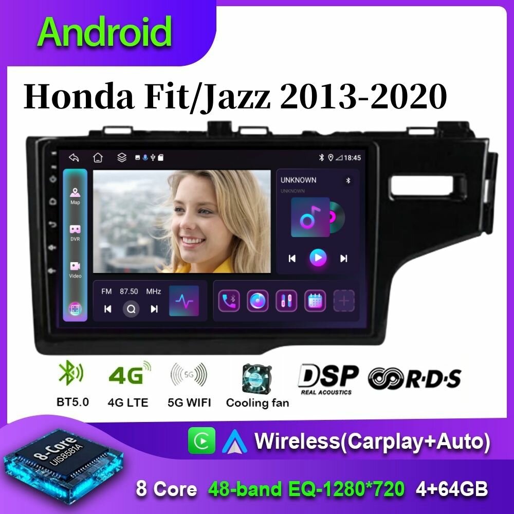 Магнитола Совместима с Honda Fit/Jazz 2013-2020 RHD, 8 ядерный процессор 4+64Гб ANDROID, IPS экран 10 дюймов, Carplay, автозвук DSP, Wifi, 4G