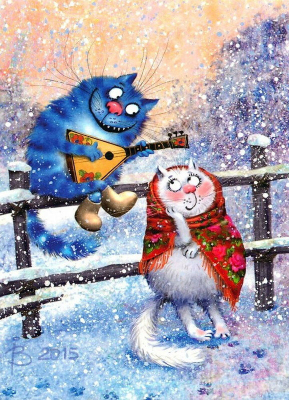 Картина для вышивания алмазной мозаикой 40х50см, без рамки. Зенюк Ринат Синие коты Круглый бриллиант