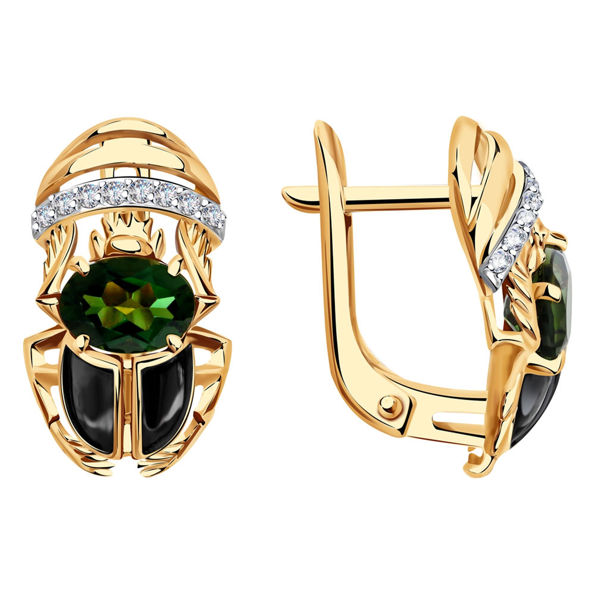 Серьги, красное золото, 585 проба, турмалин, фианит