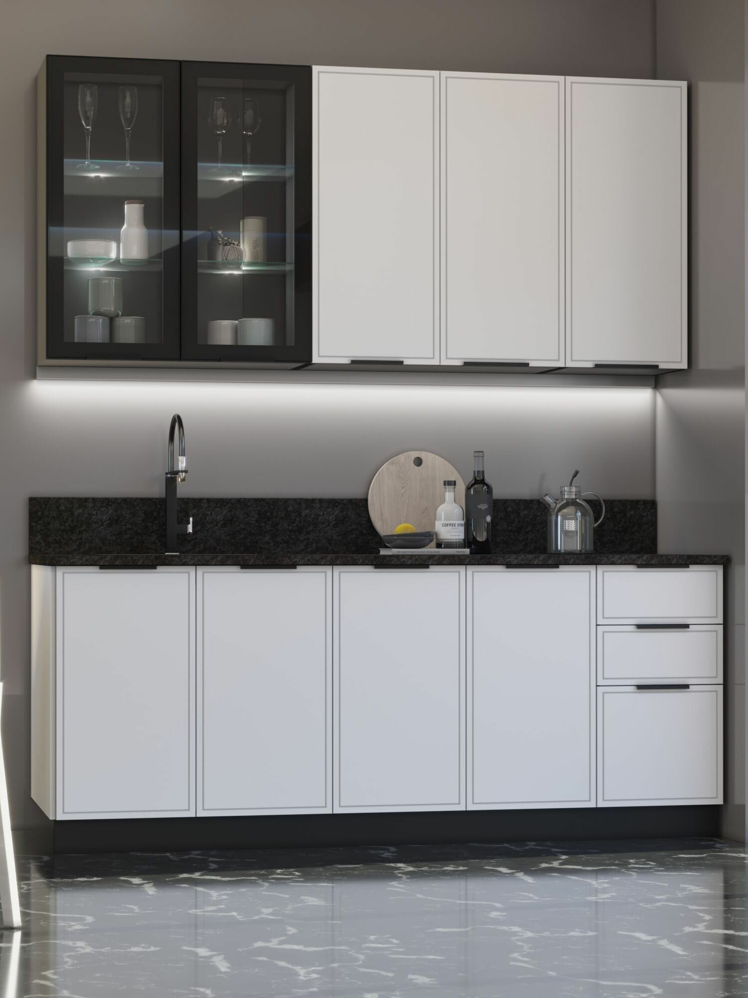 Кухонный гарнитур Николь 2м/900м холст белый/корпус графит со столешницей миф