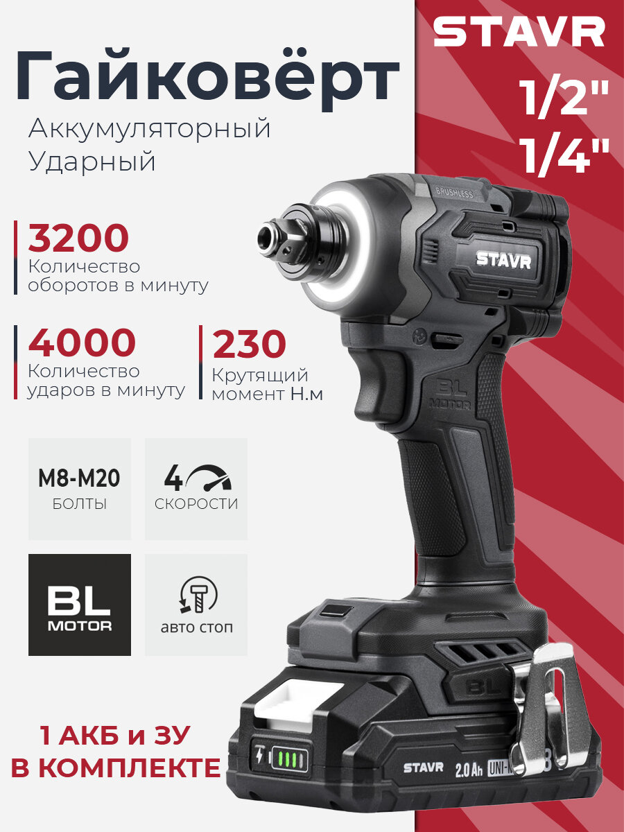 Гайковерт аккумуляторный ударный STAVR SID 18BL-230V-1К в кейсе с аккумулятором
