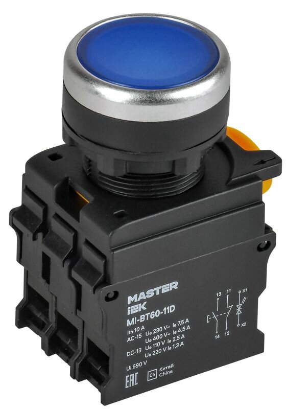 Кнопка d22мм 1НО+1НЗ MASTER с подсветкой син. IEK MI-BT60-11D-3-12-K07