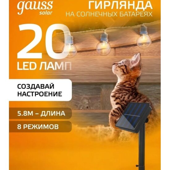 Гирлянда садовая на солнечной батарее Gauss 20 LED ламп Большие Шары Белый свет , 1/12