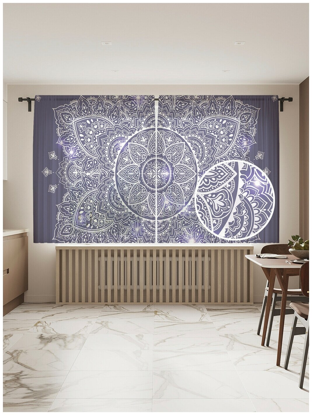 Тюль для кухни и спальни JoyArty "Фиолетовый орнамент", 2 полотна со шторной лентой шириной по 145 см, высота 180 см.