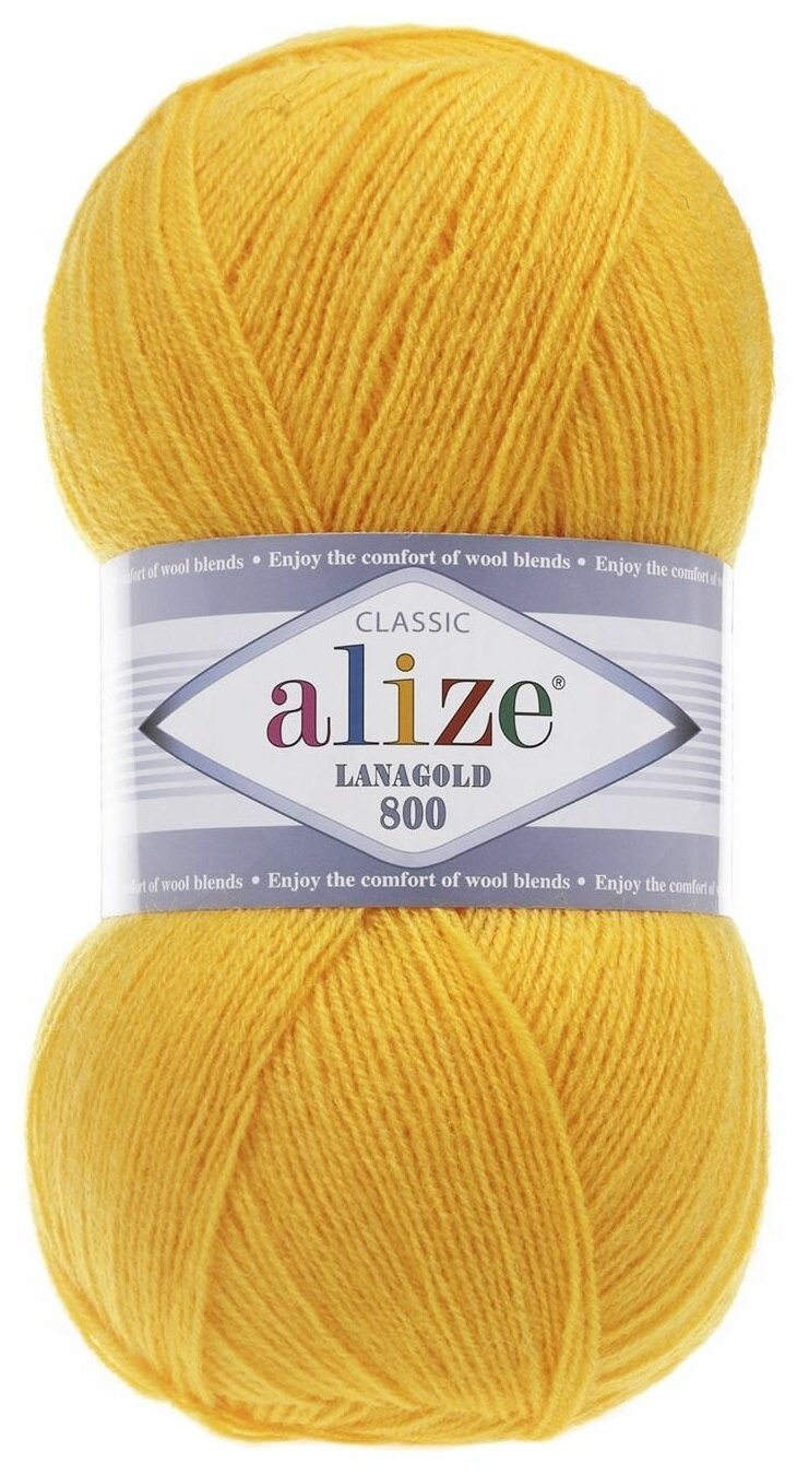 Пряжа ALIZE LANAGOLD 800, желтый - 216, 49% шерсть, 51% акрил, 5 мотков, 100 г, 730 м.