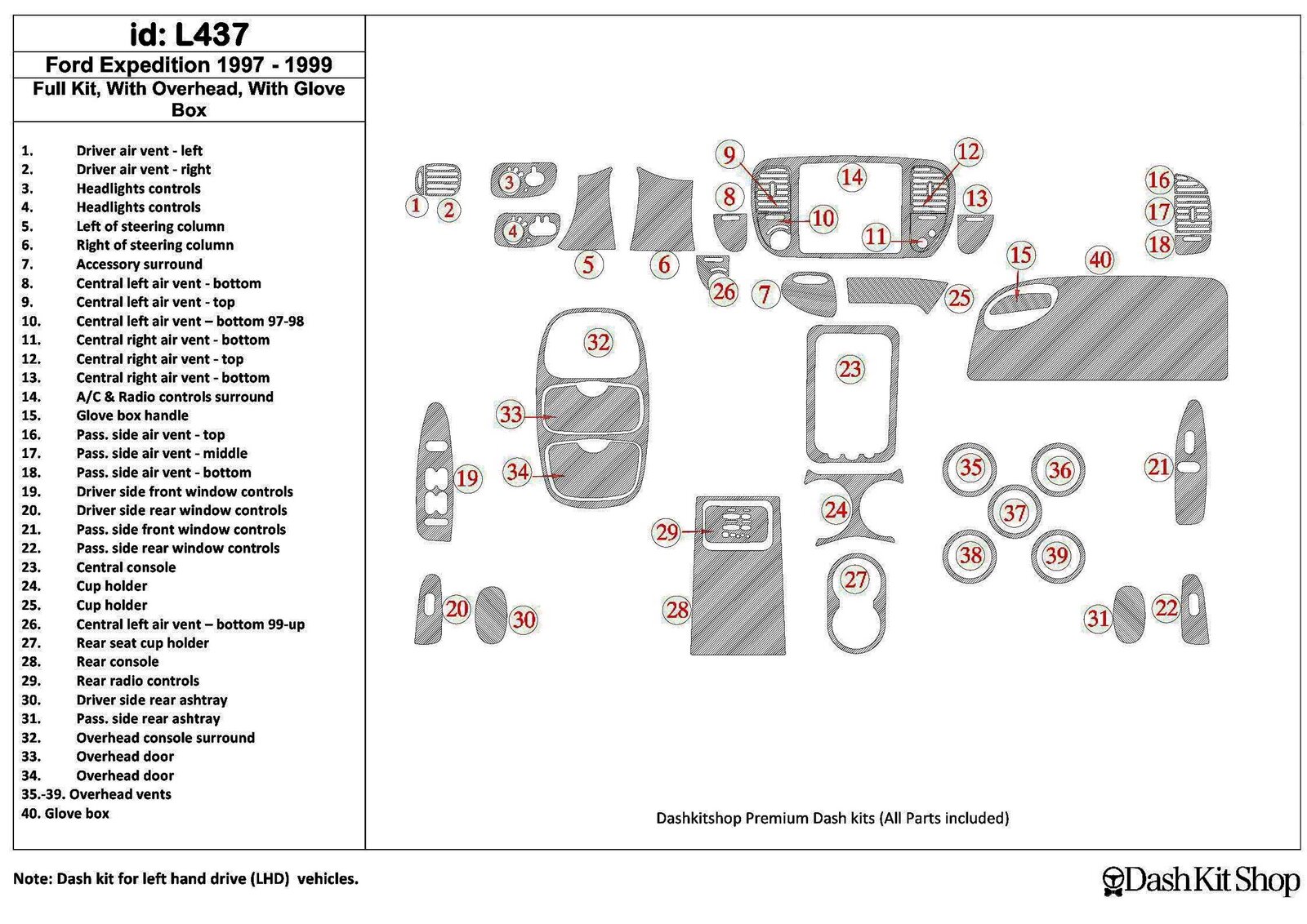 Накладки салона под дерево, карбон, алюминий для Ford Expedition 1997-1999. Комплект L437.