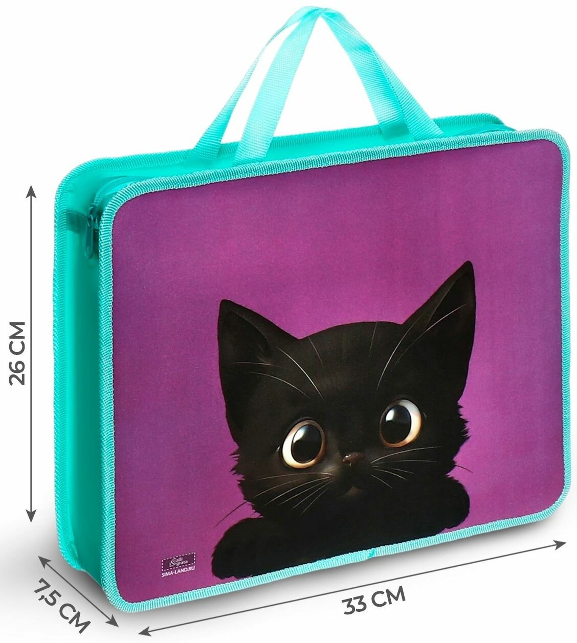 Папка-портфель пластиковая с ручками "Котик черный" на молнии, 1 отделение, формат А4, размер 33 x 26 х 7,5 см, школьный чехол без наполнения, для тетрадей и бумаг